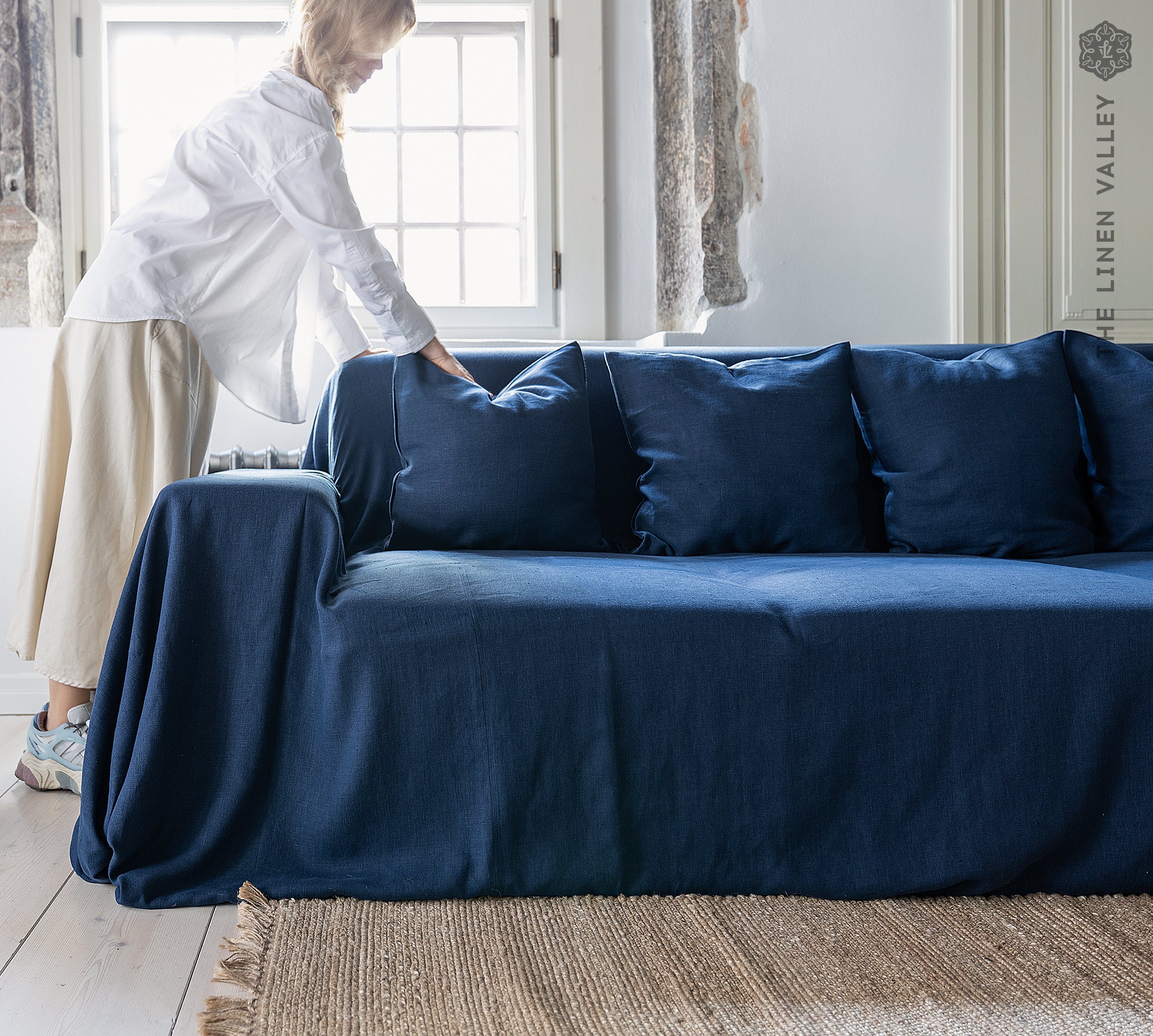 Blue linen sofa store
