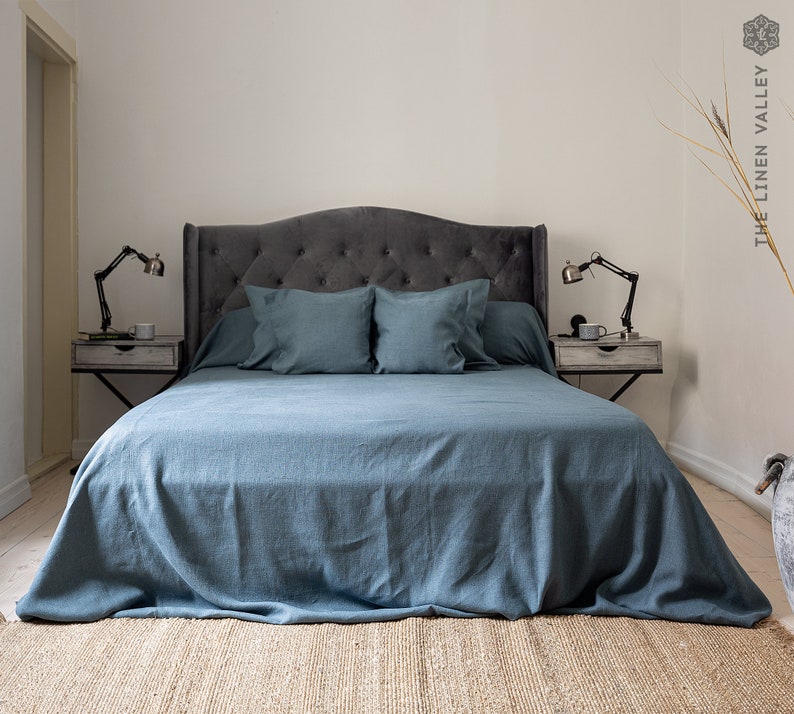 Ocean Blue Linen Bedspread - Sea Blue Bedspread - Softened Linen Bed ...