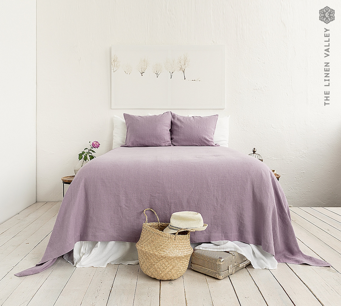 Light Lilac Linen Bedspread -lavender King/queen Size Bed Cover- Purple ...
