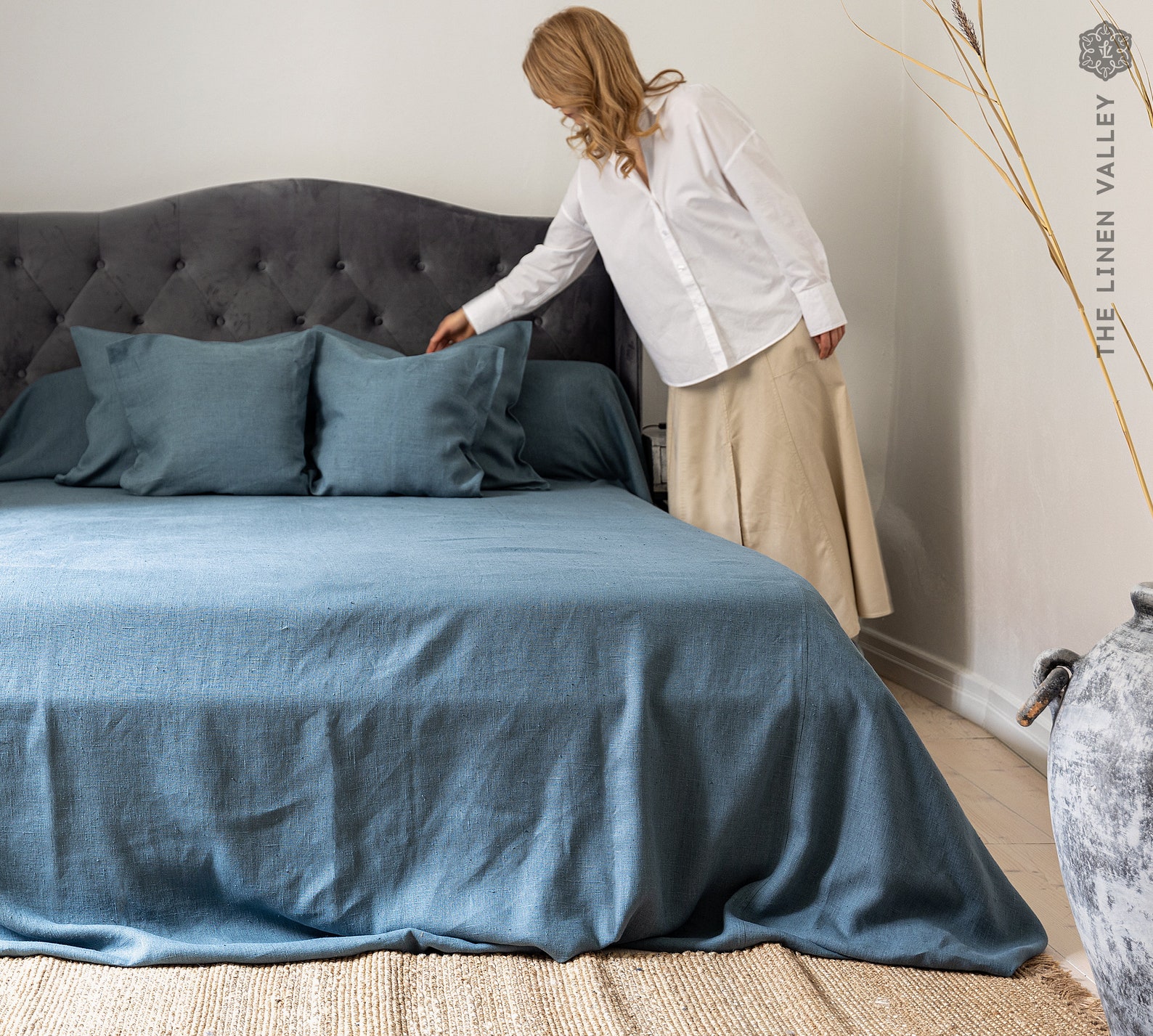 Ocean Blue Linen Bedspread - Sea Blue Bedspread - Softened Linen Bed ...