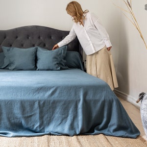 Ocean Blue Linen Bedspread - Sea Blue Bedspread - Softened Linen Bed ...