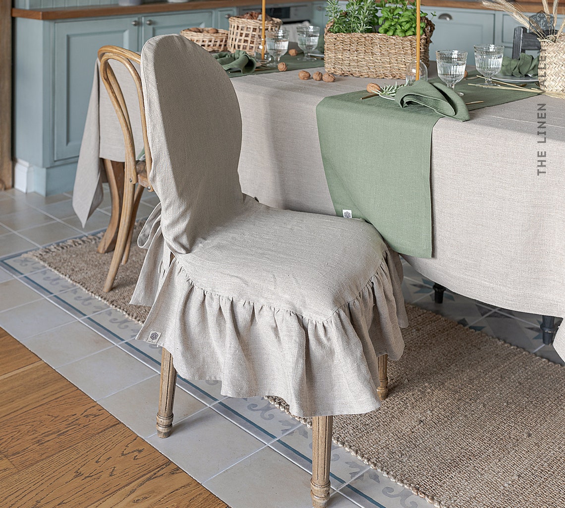 LINEN Chair Slip Cover With Ruffle french Brasserie Oval | Etsy