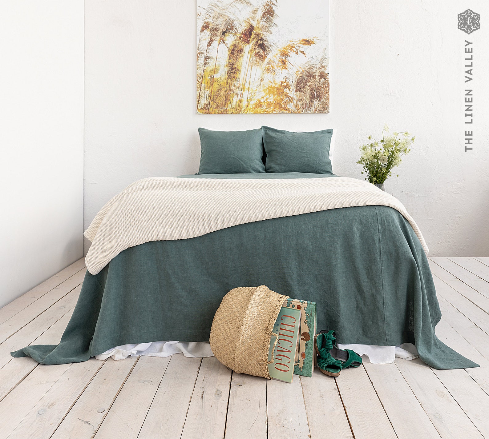 TEAL BLUE Linen Bedspread Emerald Blue Linen Bed Cover Ocean - Etsy
