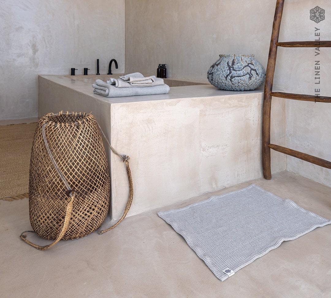 Rustic Heavy Linen Bath Mat- Waffle Linen Rugs, Soft Mat- Boho Mat ...