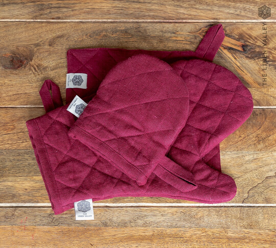 Linen Oven Mitten Set of 3.linen Kitchen Gloves and Pot Holder Set ...