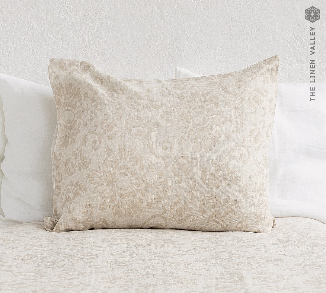 Royal Floral Pattern Linen Pillow Sham- Vintage Look Washed Taupe Linen ...