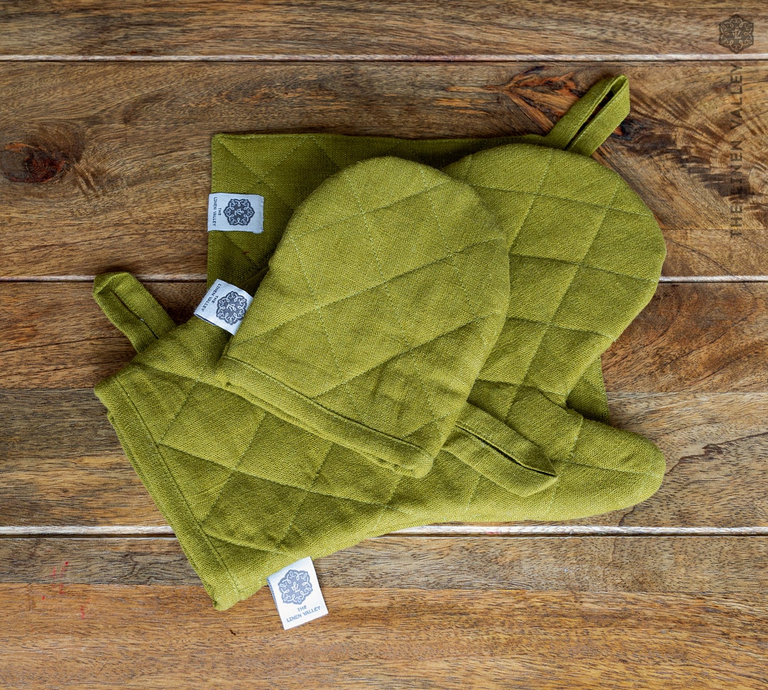 Linen Oven Mitten Set of 3. Linen Kitchen Gloves and Pot Holder Set ...