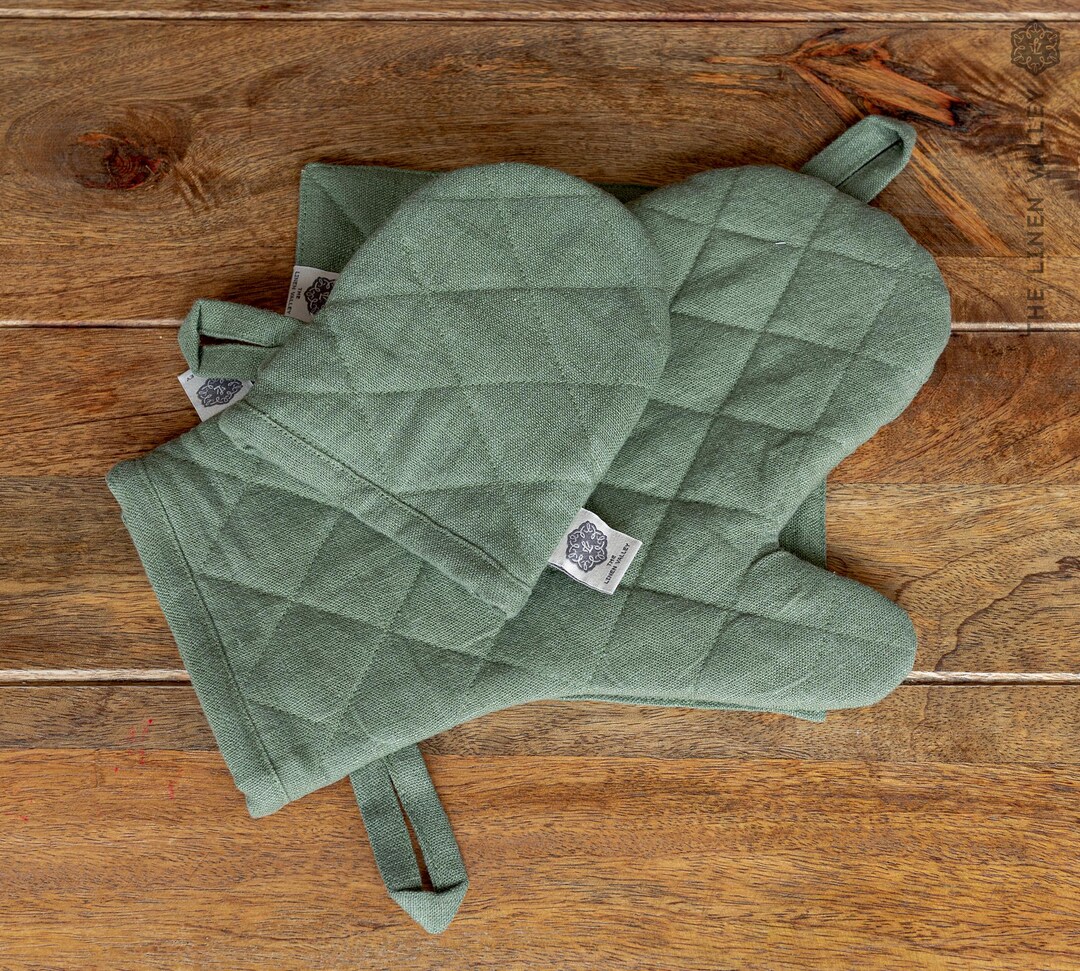Linen Oven Mitten Set of 3. Linen Kitchen Gloves and Pot Holder Set ...
