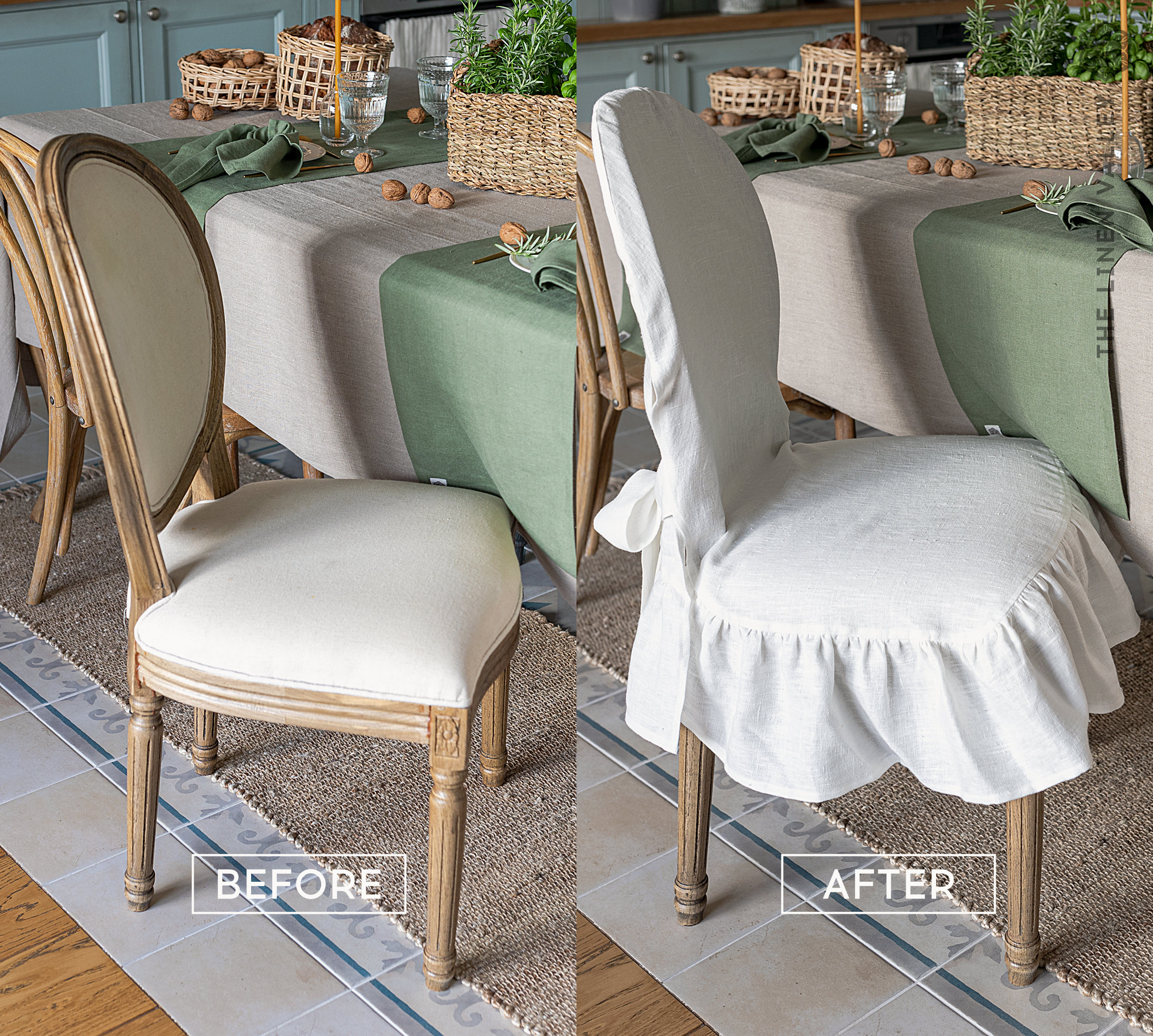 Linen Chair Slip Cover With Ruffle -french Brasserie Oval Chair Natural ...