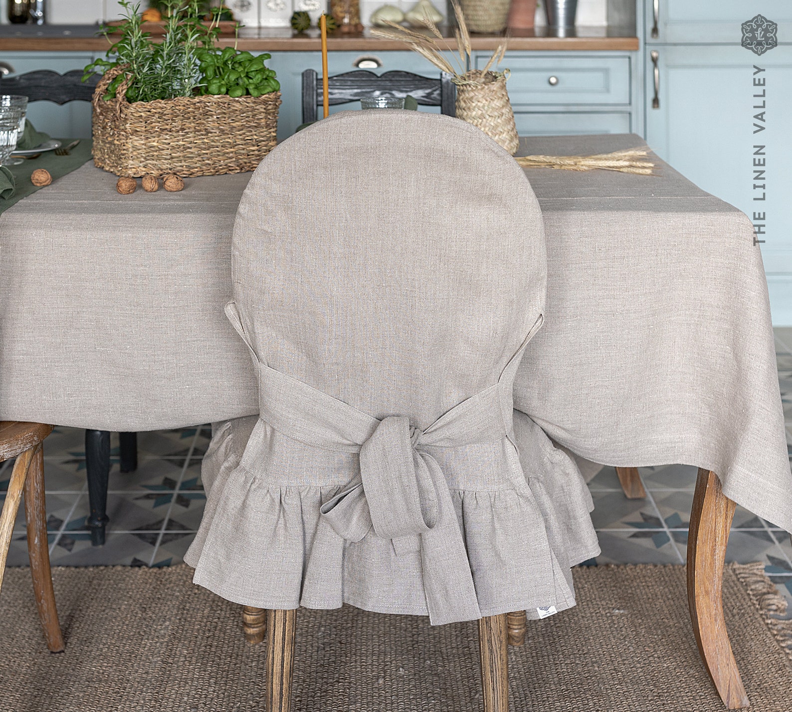 LINEN Chair Slip Cover With Ruffle french Brasserie Oval - Etsy