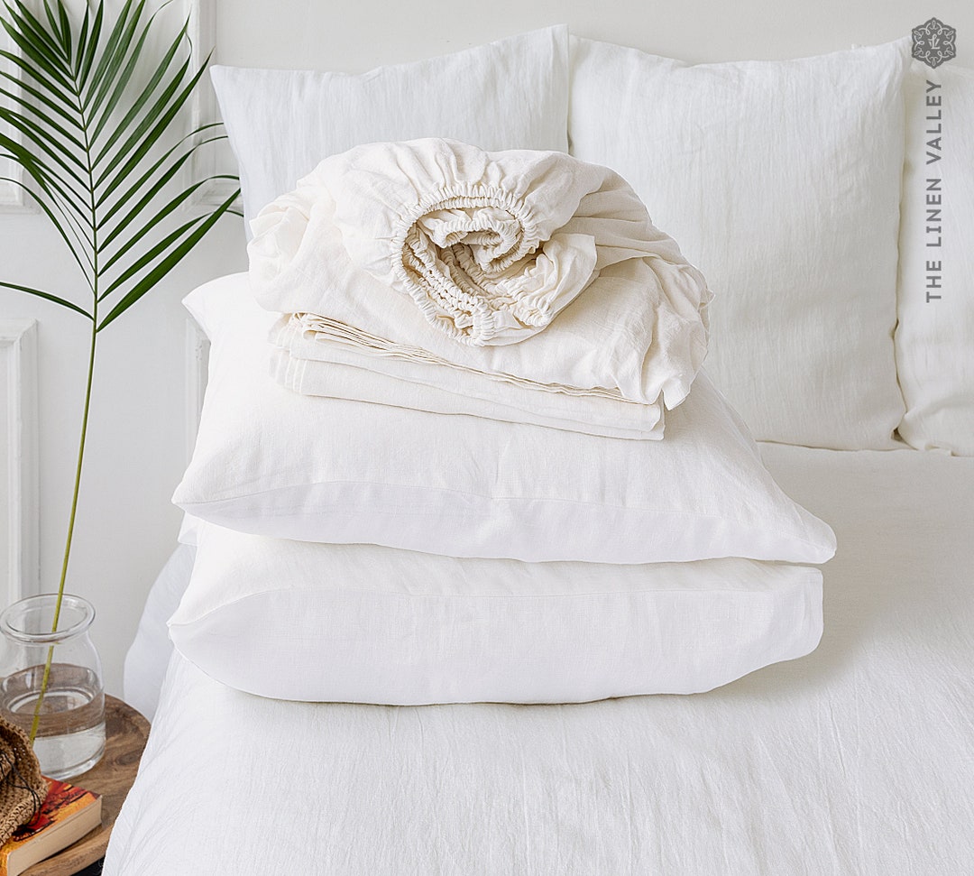 Optical White Set of Linen Sheets-bright White Linen 4 Pieces Linen Bed ...
