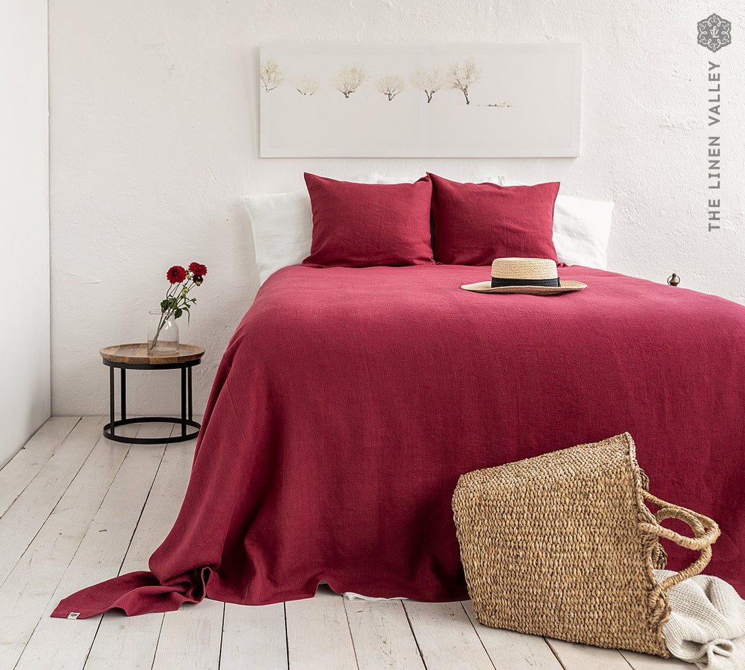 BURGUNDY RED Linen Bedspread Rosewood Linen Throw Softened Linen Bed ...