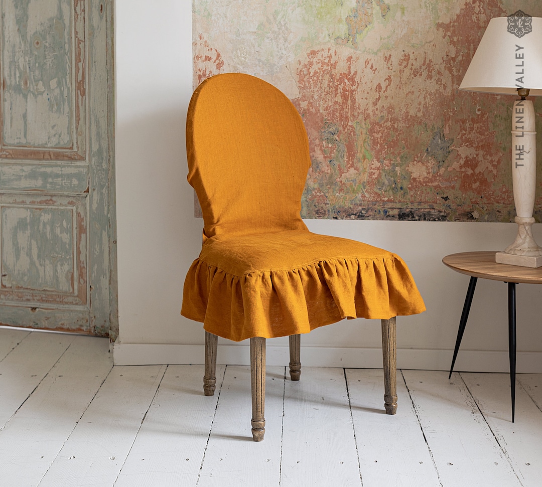Linen Chair Slip Cover With Ruffle -french Brasserie Oval Chair Natural ...
