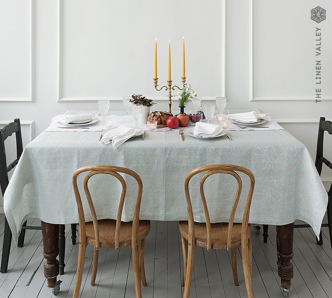 NATURAL LINEN Sky Blue Floral Tablecloth Paisley Luxurious Silky Look ...