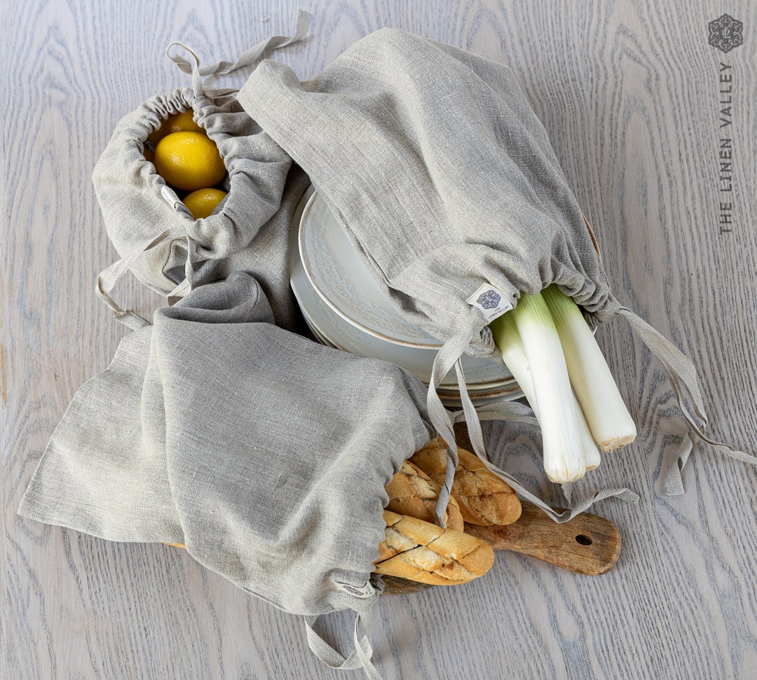 Linen Bag Set of 5 - Reusable Kitchen Bag- Linen Bag for Fruit- Bag for ...