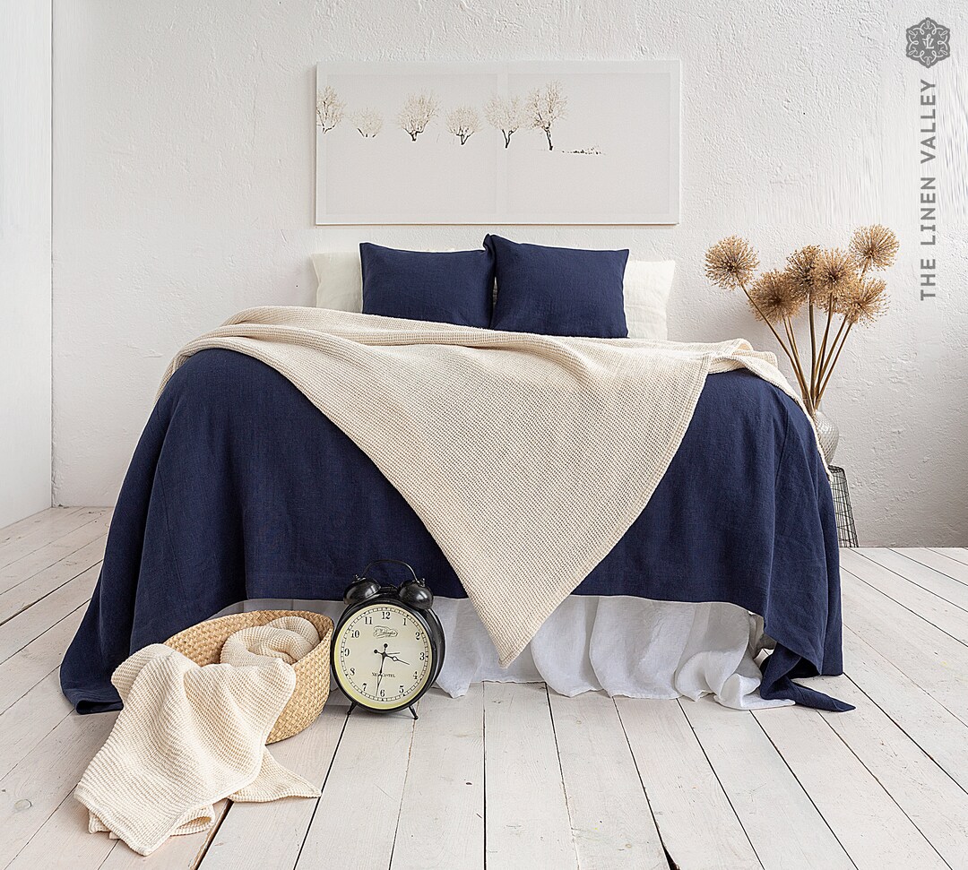 NAVY BLUE Linen Bedspread Linen Bed Cover-dark Blue Queen King Size ...