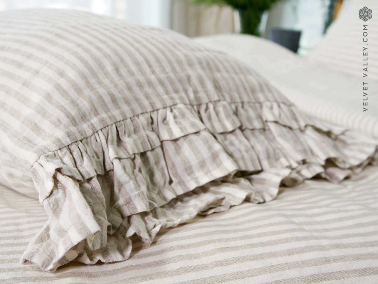 STRIPED Linen Pillow With Ruffles-softened Linen Pillow off - Etsy