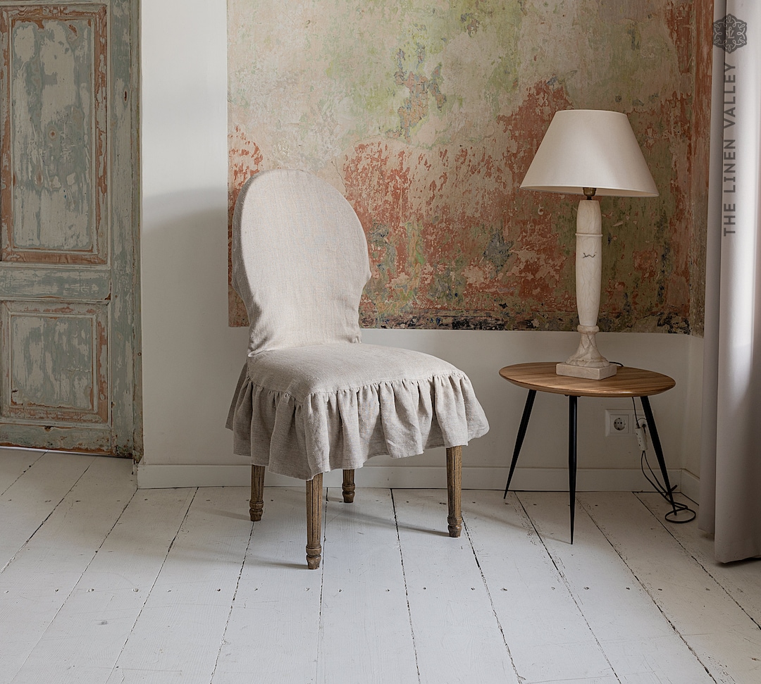 Linen Chair Slip Cover With Ruffle -french Brasserie Oval Chair Natural ...