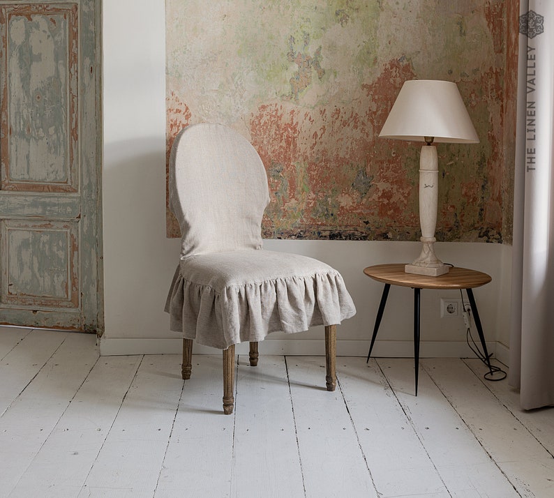 Linen Chair Slip Cover With Ruffle -french Brasserie Oval Chair Natural ...