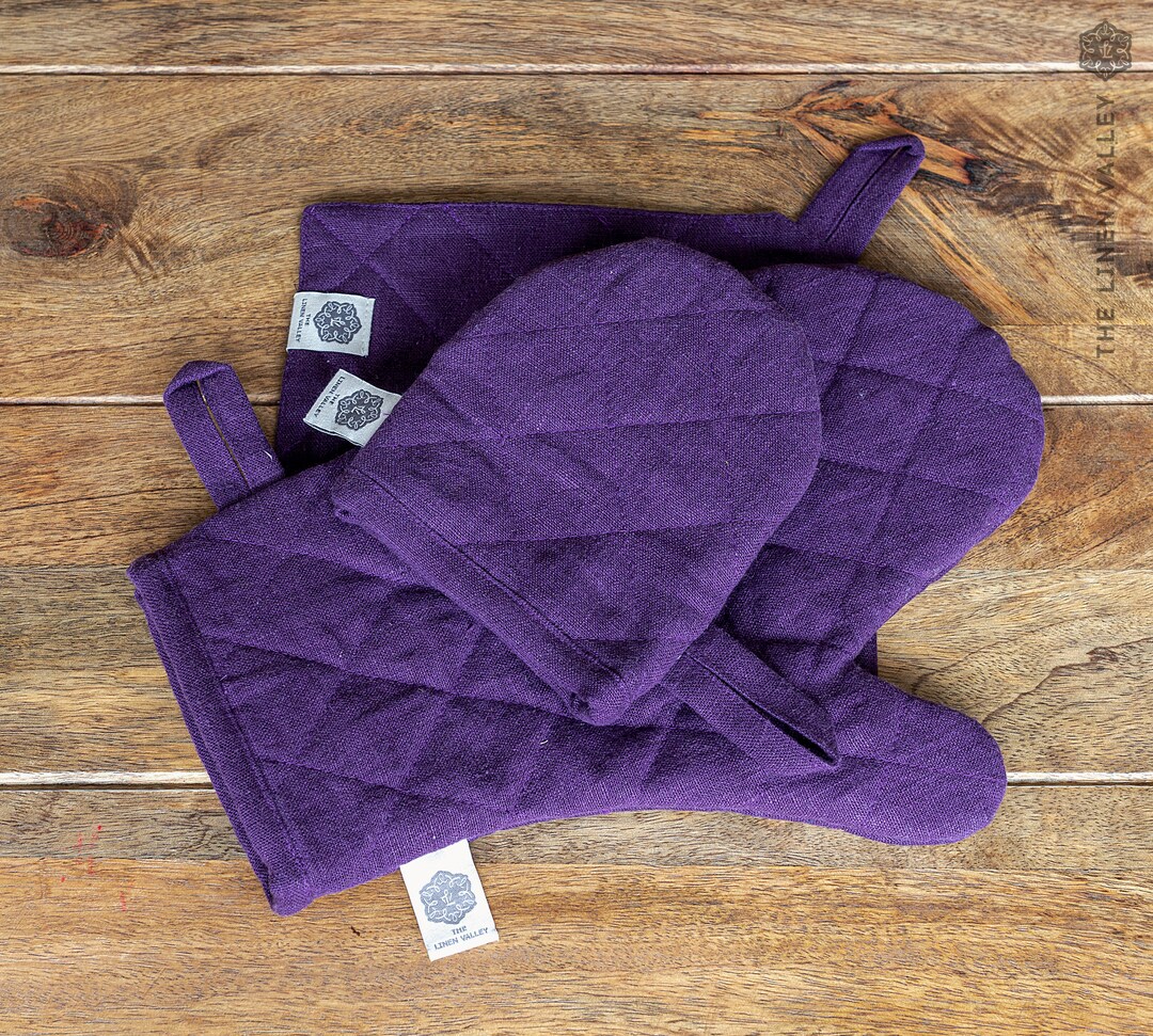 Linen Oven Mitten Set of 3. Linen Kitchen Gloves and Pot Holder Set ...