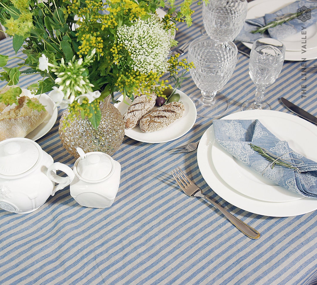 SPECIAL OFFER- Round Linen Blue Striped Tablecloth- Vintage Style ...