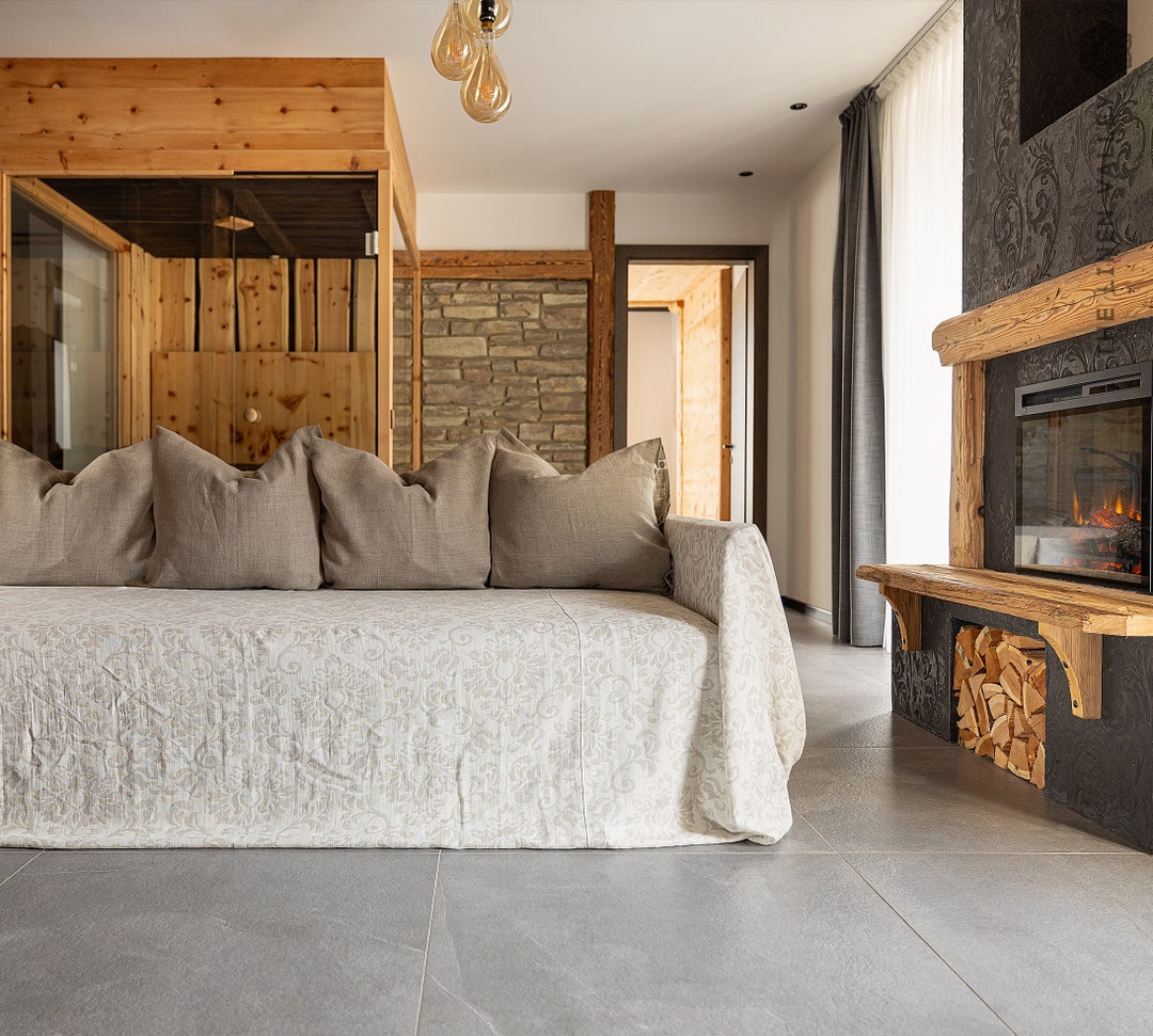 Royal Floral Pattern Linen Couch Cover - Linen Sofa Cover - Linen ...