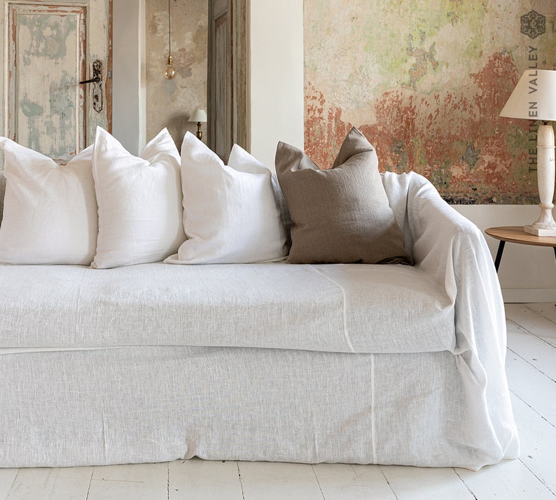 Antique White Linen Sofa Cover- Stonewashed Flax Couch Cover ...