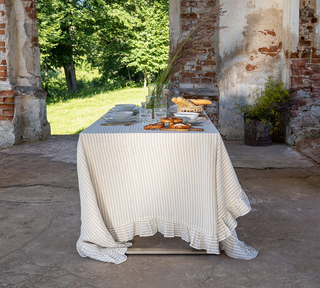 Striped Linen Tablecloth- Pinstriped Natural Linen Tablecloth With ...