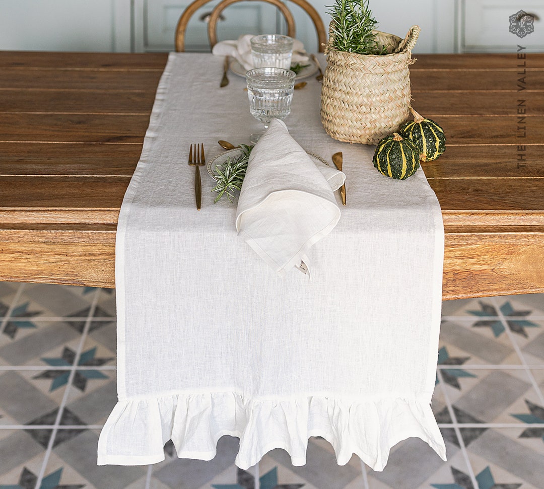 Optical White Linen Table Runner With Ruffle - Bright White Table ...