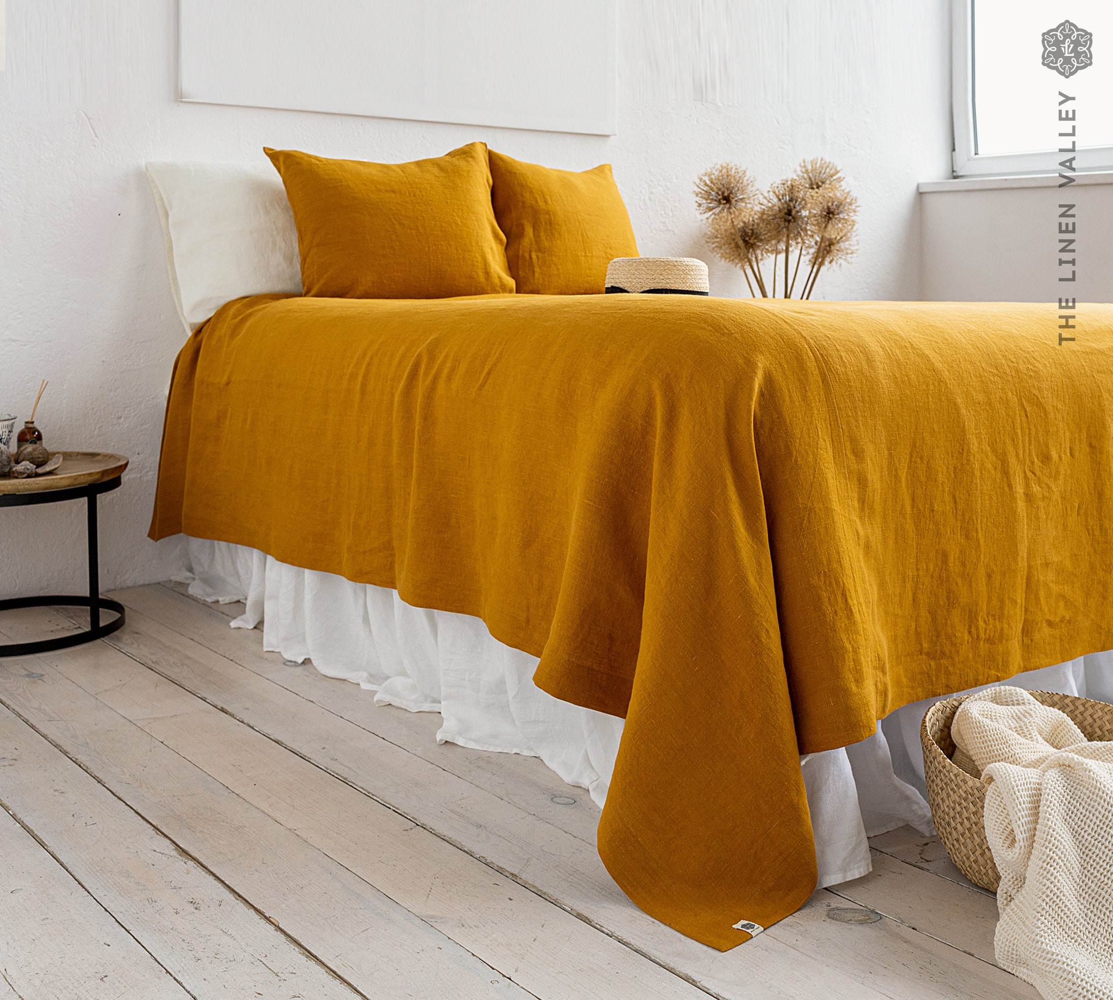 AMBER YELLOW Linen Bedspread Saffron King/queen Size Bed - Etsy