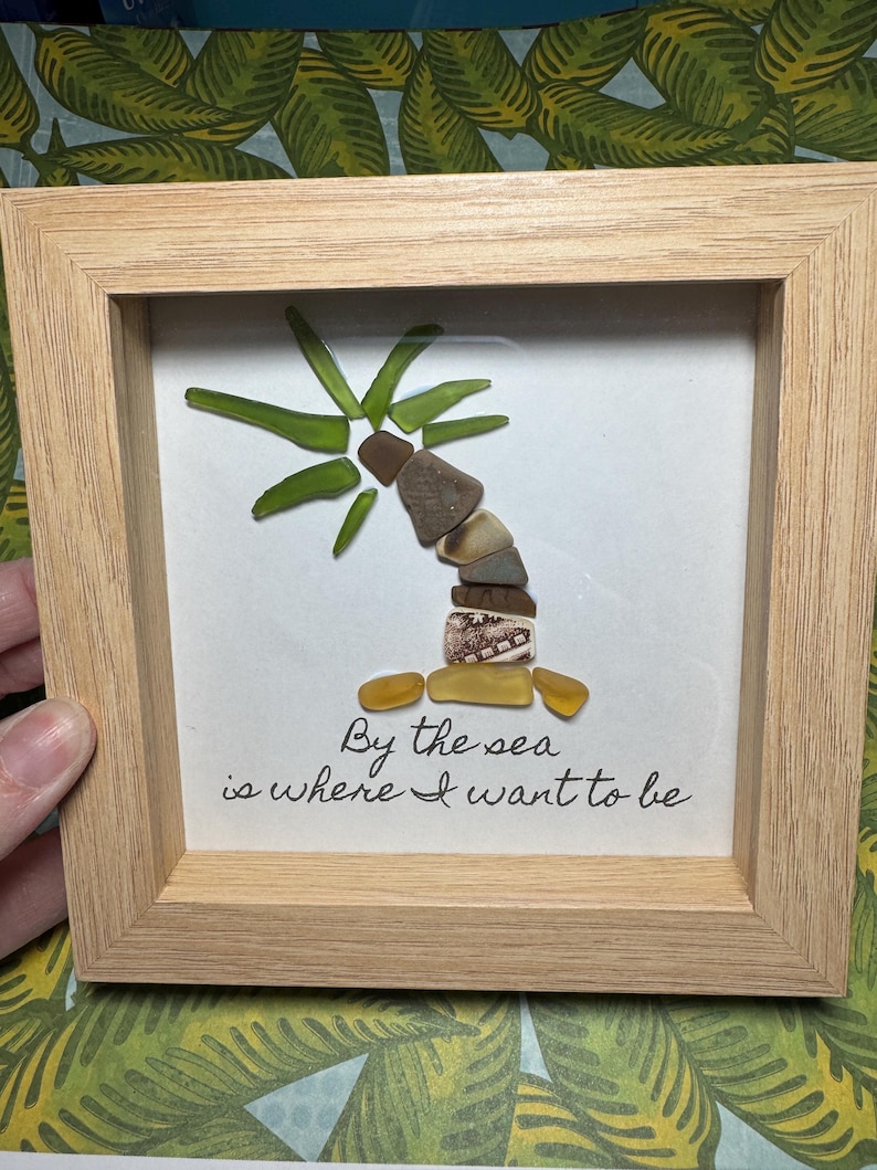 By the Sea Beach Glass Pottery 3D Shadow Box Art Upcycled Palm Tree - Etsy