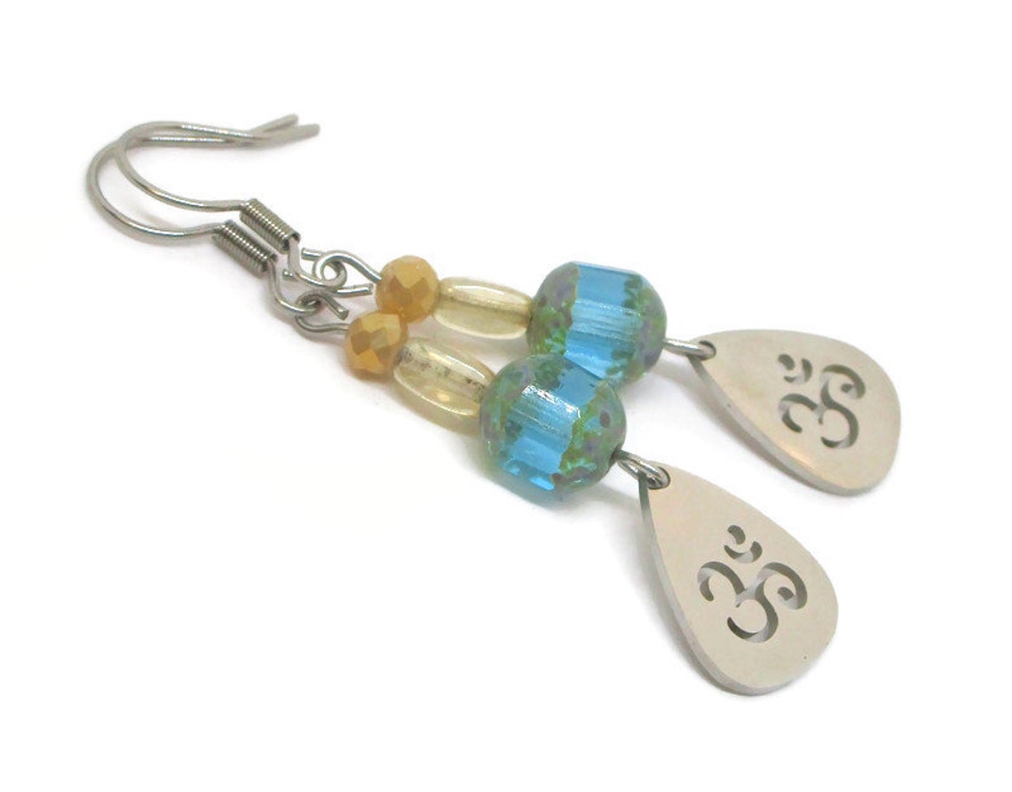 Om Charm Earrings Aquamarine Aum Earrings Symbolic Jewelry | Etsy