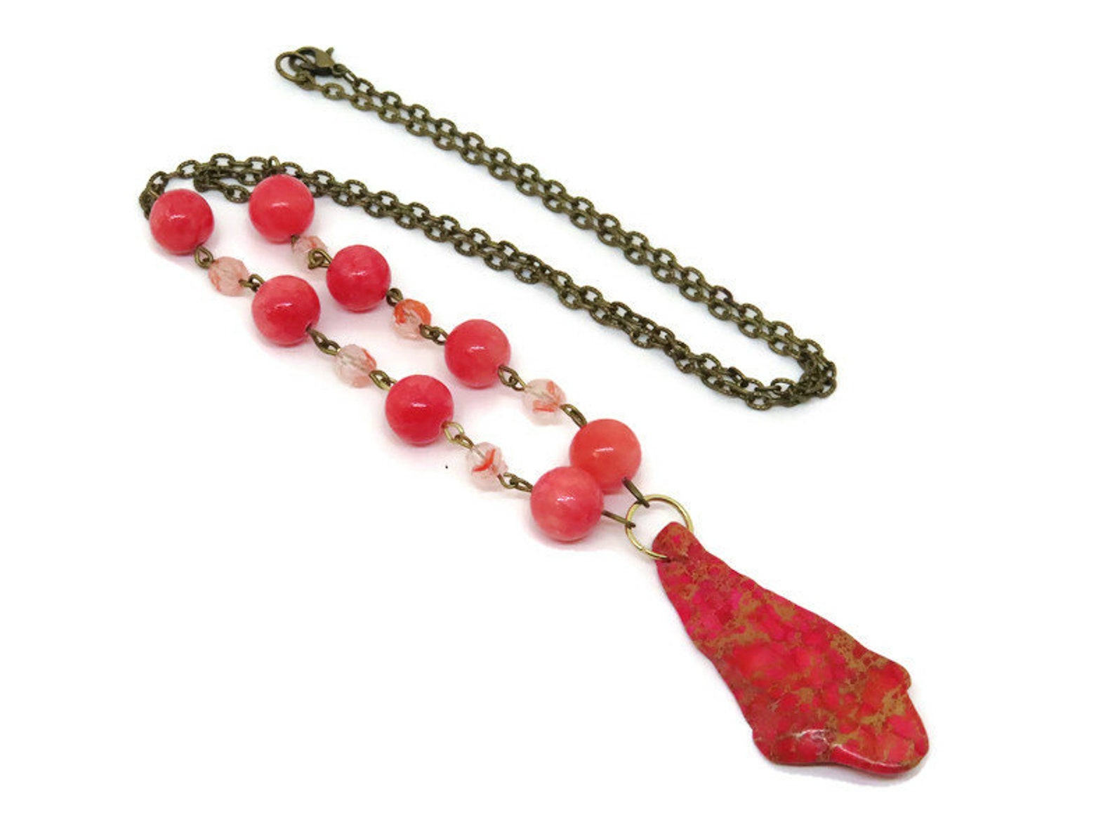 Coral Imperial Jasper Pendant Necklace: Boho Jade & Czech Glass Beads ...