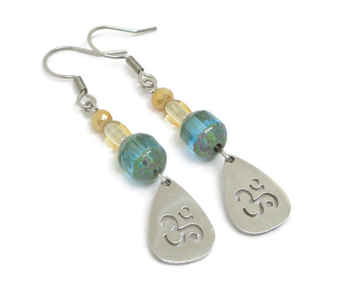 Om Charm Earrings Aquamarine Aum Earrings Symbolic Jewelry - Etsy