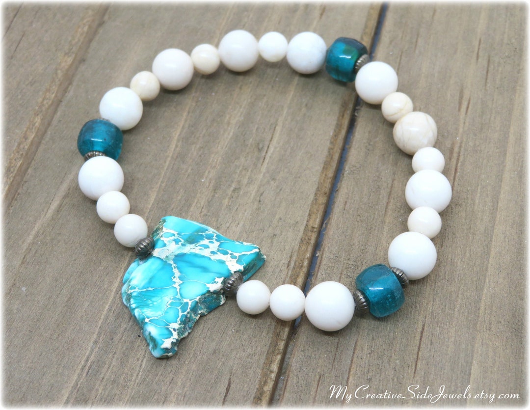 Teal Imperial Jasper Bracelet, Cream Riverstone Bead Bracelet, Healing ...