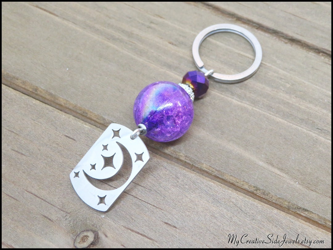 Purple Moon and Stars Key Chain, Celestial Key Ring, Crescent Moon ...