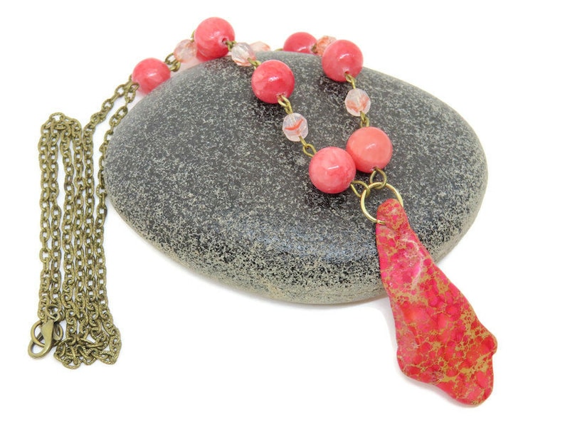 Coral Imperial Jasper Pendant Necklace: Boho Jade & Czech Glass Beads ...