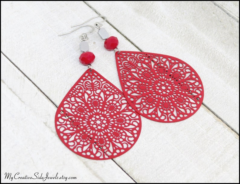 Red Filigree Teardrop Earrings Large Red Lace Flower Drop - Etsy