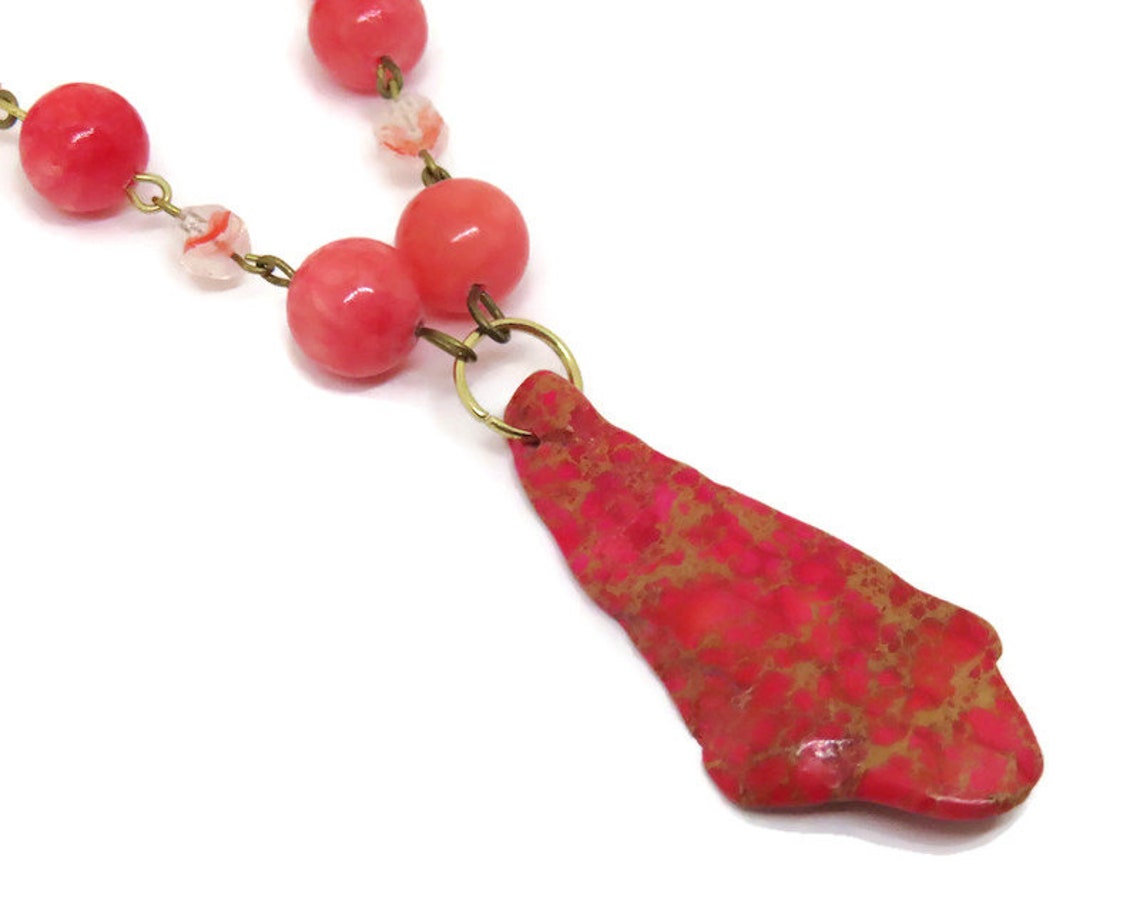 Coral Imperial Jasper Pendant Necklace: Boho Jade & Czech Glass Beads ...