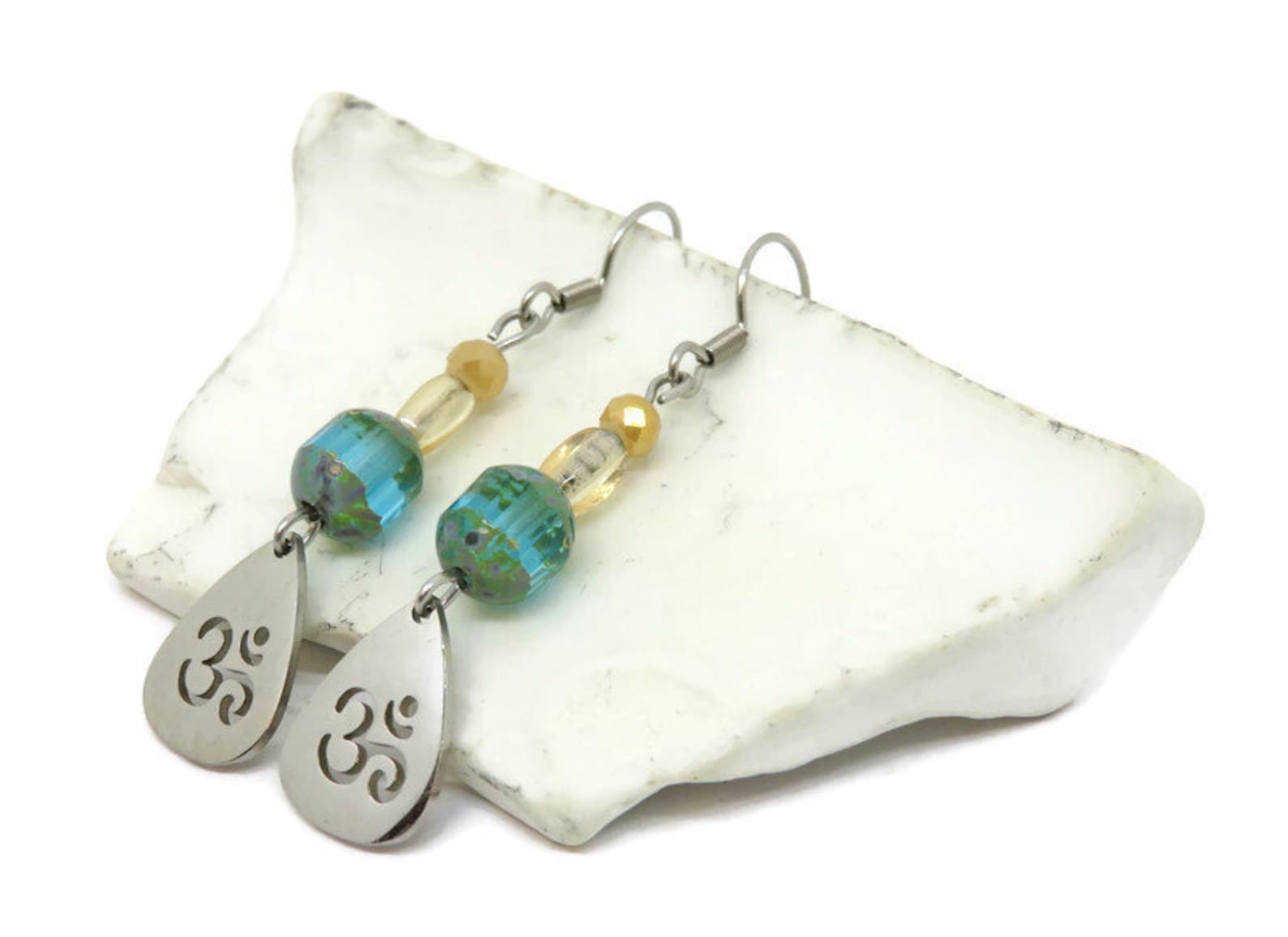 Om Charm Earrings Aquamarine Aum Earrings Symbolic Jewelry | Etsy