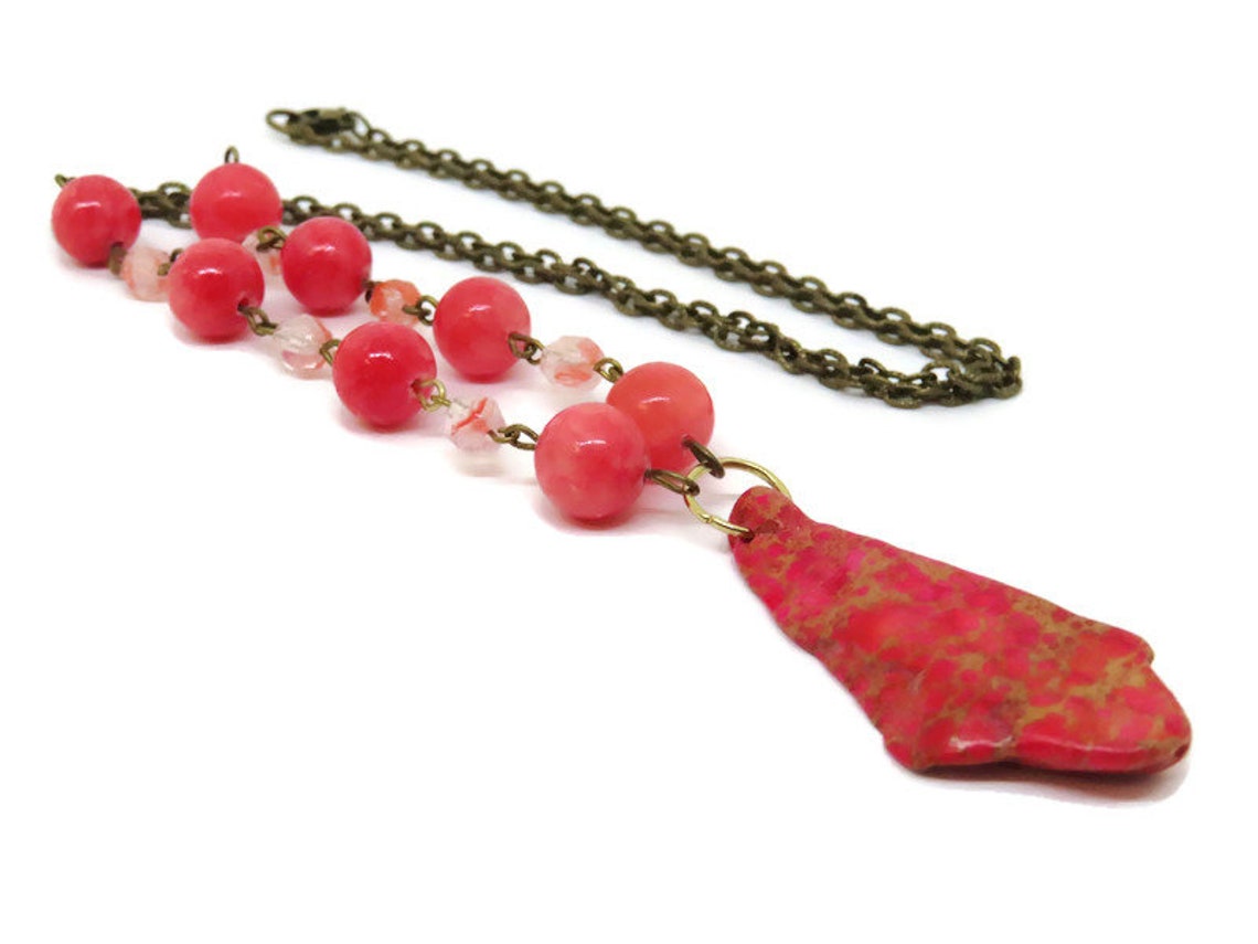 Coral Imperial Jasper Pendant Necklace: Boho Jade & Czech Glass Beads ...