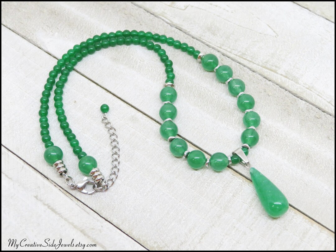Green Jade Teardrop Pendant Necklace: Bohemian Beaded Style - Etsy