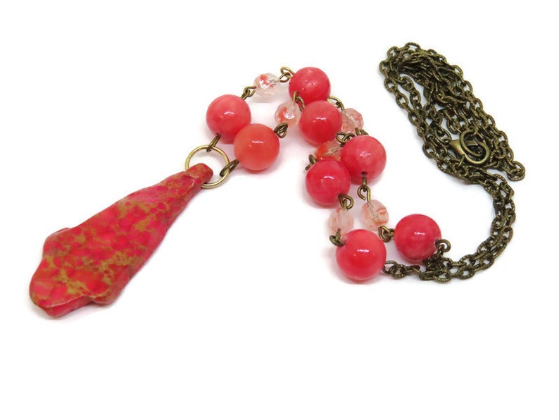 Coral Imperial Jasper Pendant Necklace: Boho Jade & Czech Glass Beads ...