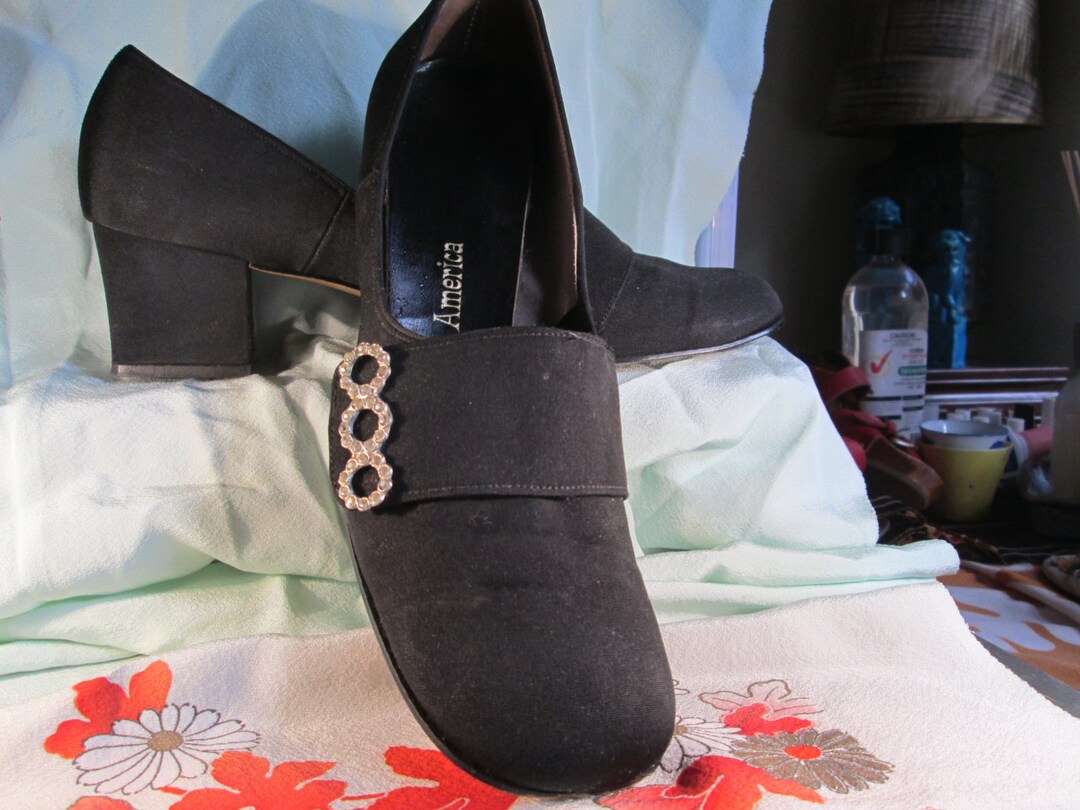 9N Miss America Black Satin Grosgrain Pilgrim-style Shoes With Diamonte ...