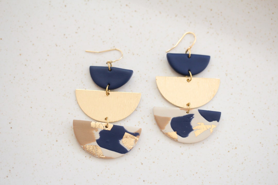 Gold and Navy Half Moon Prom Earrings, Dark Blue Aesthetic Earrings ...