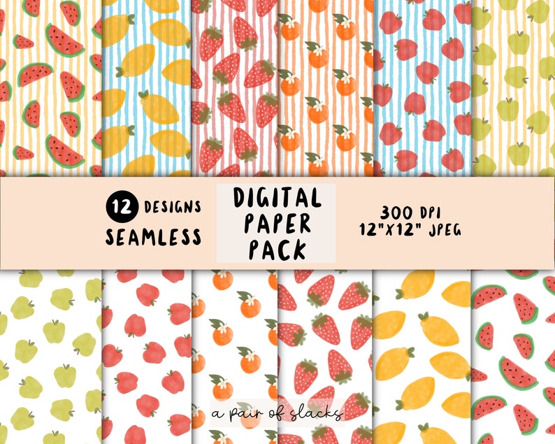 Watercolor Fruit Digital Paper Pack - Watermelon, Strawberry, Orange ...
