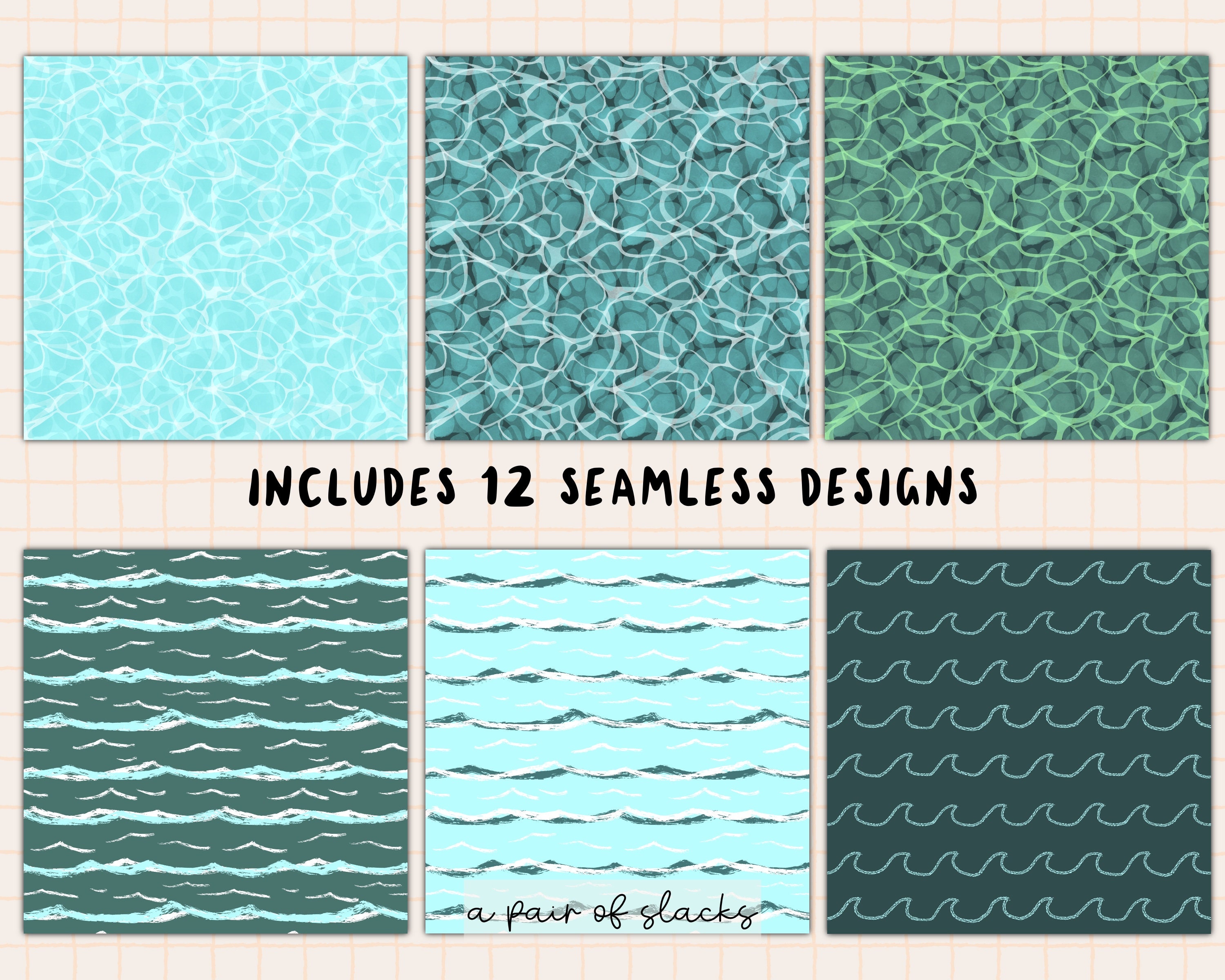 Water Pattern Mix Digital Paper Pack Pool, Waves, Ocean Water Seamless ...