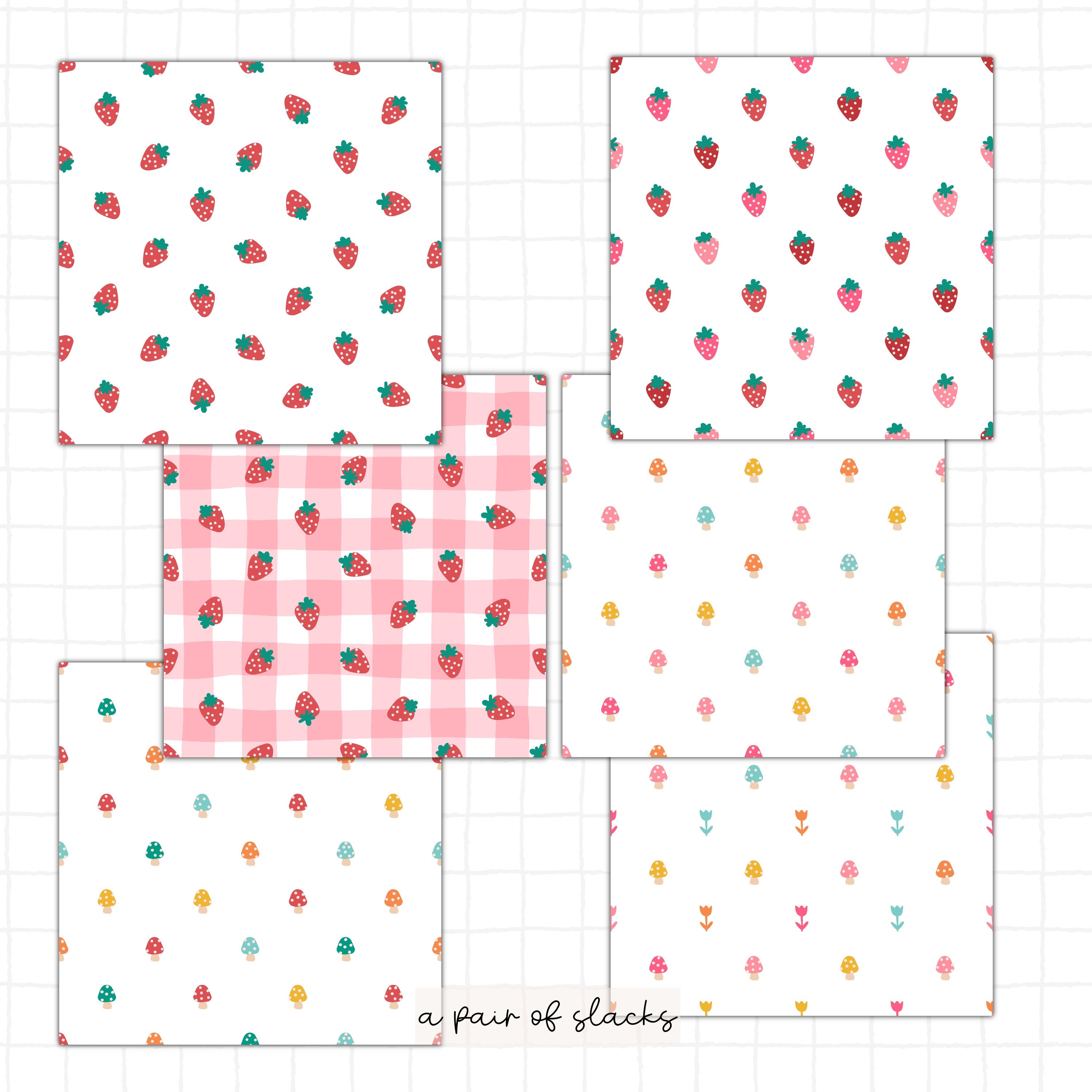 Rainbow Garden Digital Paper Pack- Seamless Strawberries, Mushrooms ...