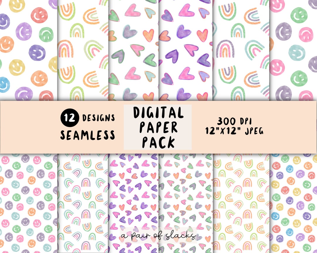 Watercolor Rainbow, Smiley Face, Heart Mix Digital Paper Pack ...
