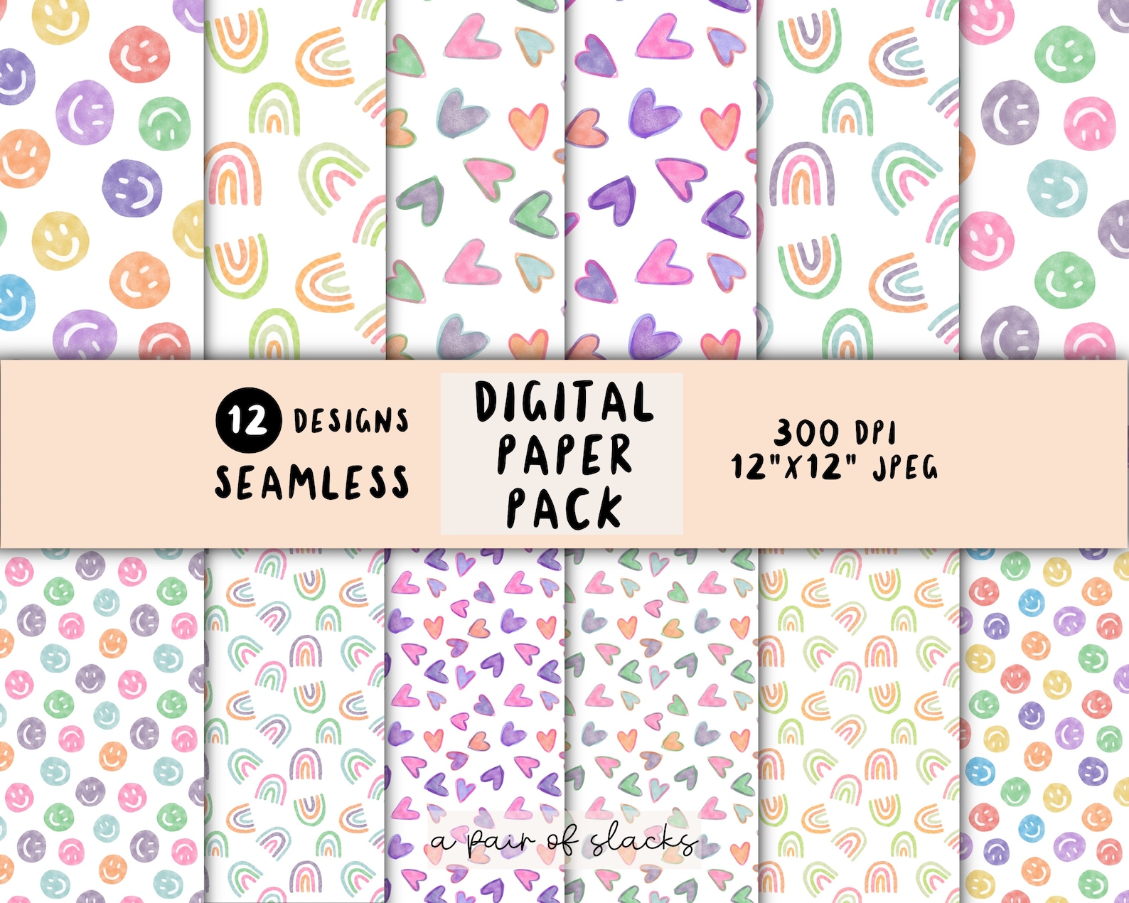Watercolor Rainbow, Smiley Face, Heart Mix Digital Paper Pack ...